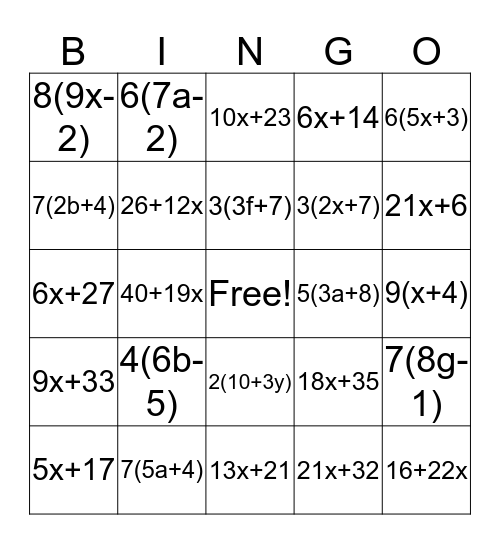 Mrs A- Distributive Property/Reverse Bingo Card