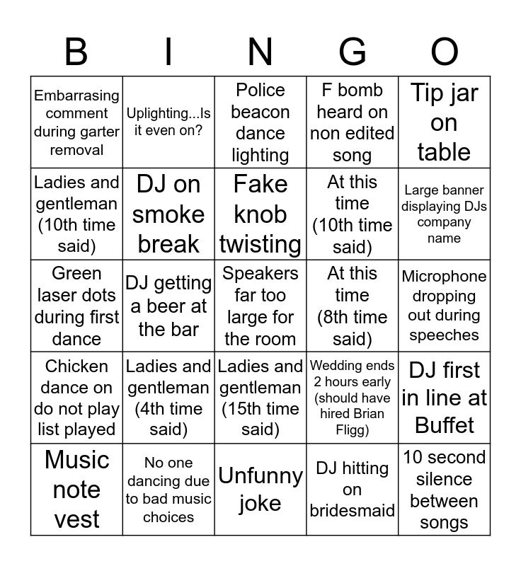 Bad/Cheesy Wedding DJ Bingo Card