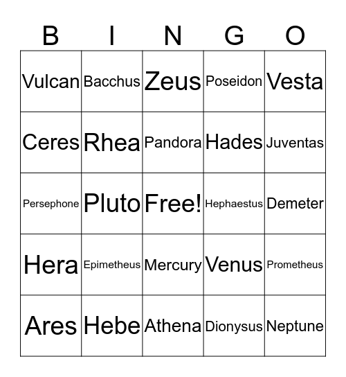 Greek and Roman Gods Bingo Card