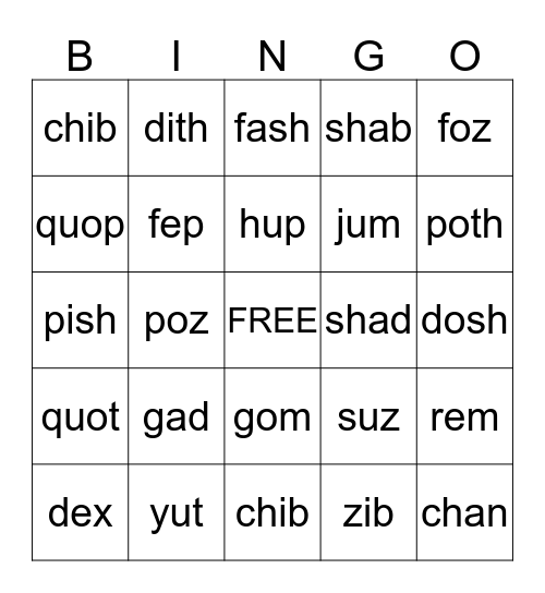Nonsense Words 1.3 Bingo Card