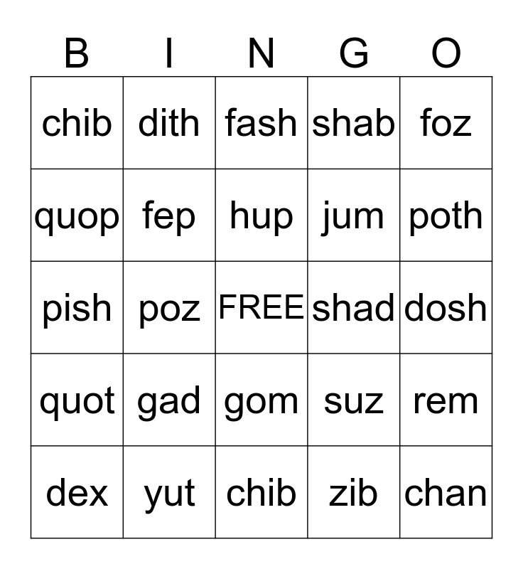 Nonsense Words 1.3 Bingo Card