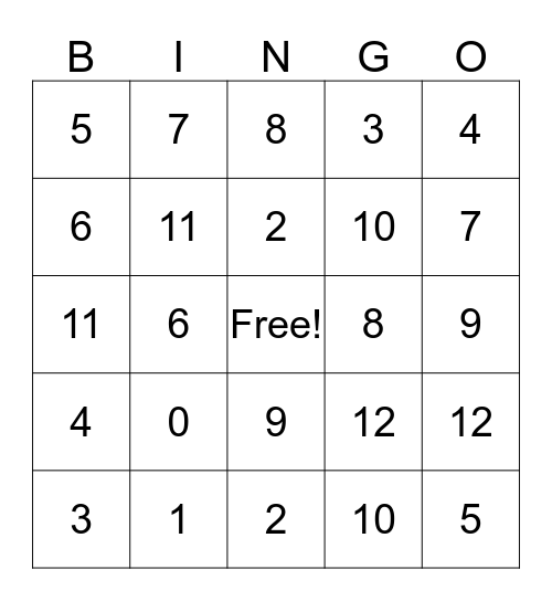 0-12 Bingo Card