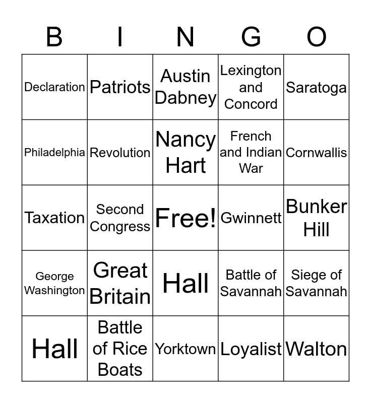 American Revolution Bingo Card