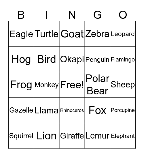 Zoo Bingo Card