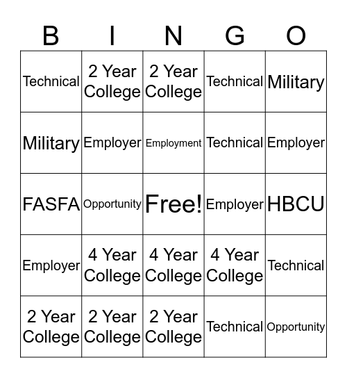 Dallas Can College and Career Fair Bingo Card