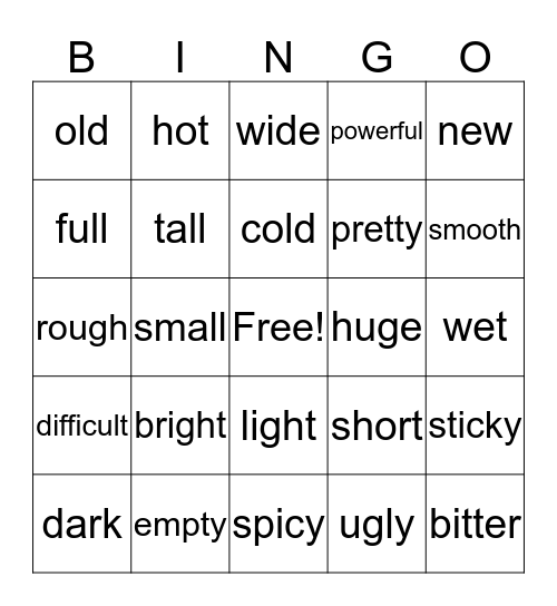 Adjective Sign Bingo Card