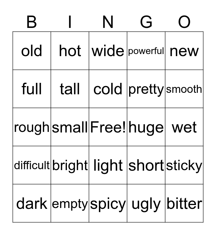 Adjective Sign Bingo Card