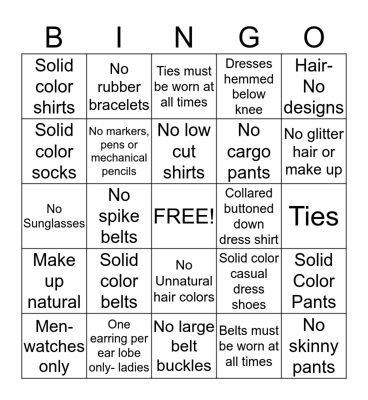 Dress Code Bingo Card