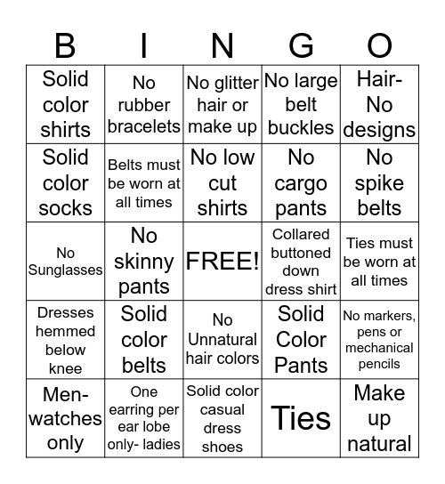 Dress Code Bingo Card