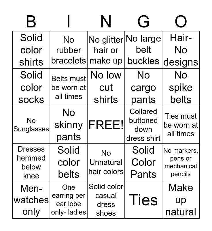 Dress Code Bingo Card