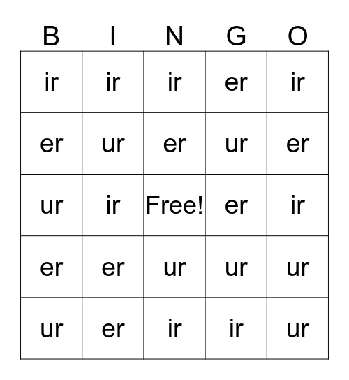 Vowel-R controlled Bingo Card