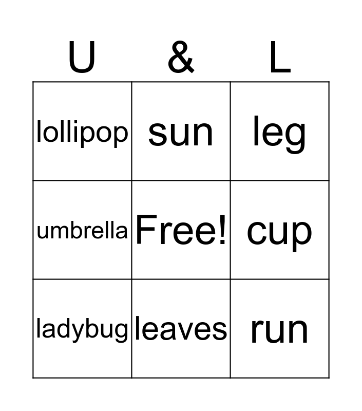 L and U sounding words Bingo Card
