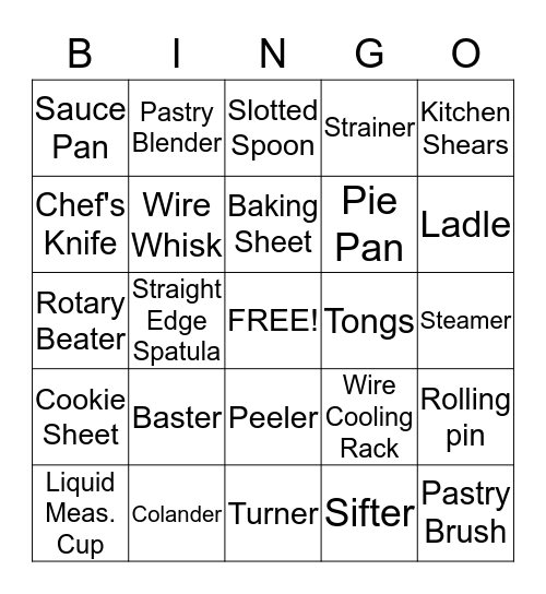 Kitchen Equipment Bingo Card