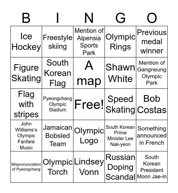 Pyeongchang 2018 Olympic Opening Ceremony Bingo Card
