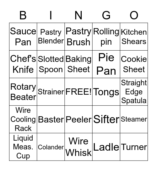 Kitchen Equipment Bingo Card