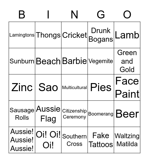 Australia Day Bingo Card