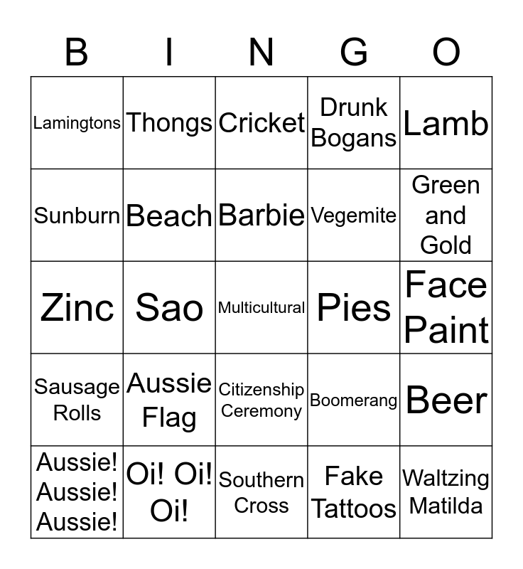 Australia Day Bingo Card