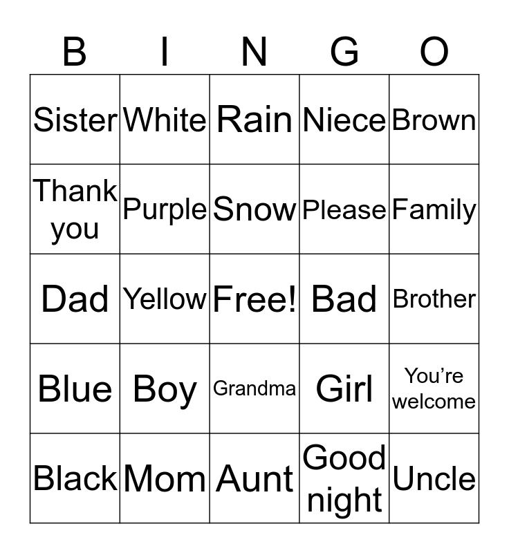Sign Language Bingo Card