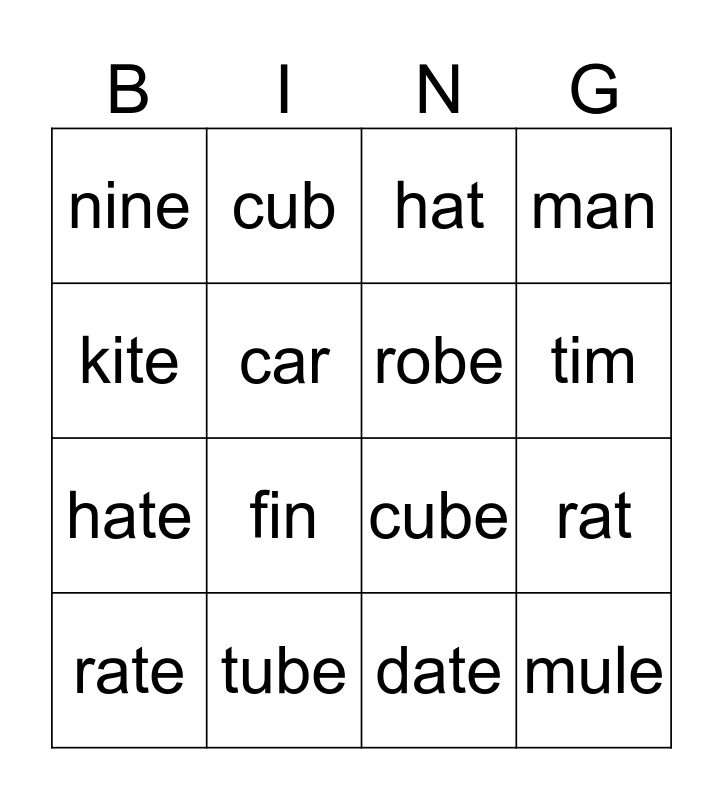 Silent E Bingo Card