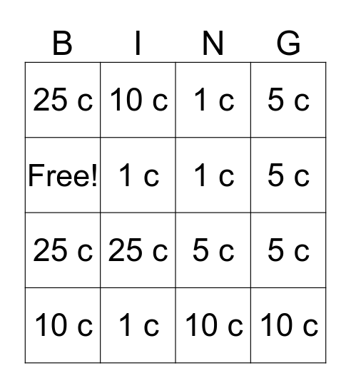 Coin Bingo Card