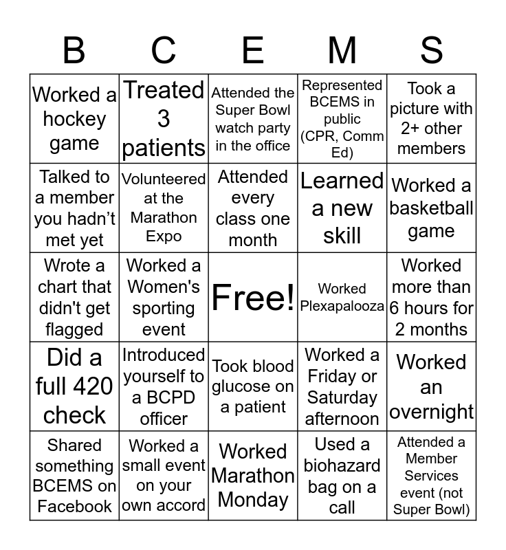 BCEMS Bingo Card