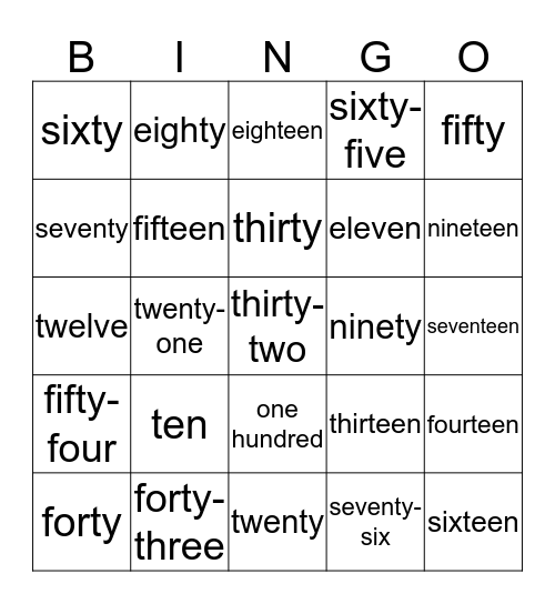 Numbers from 10 to 100 Bingo Card