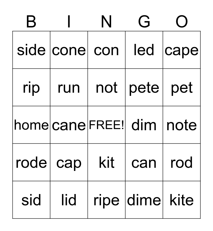 CVC And CVCe Words Bingo Card CVC And CVCe Words Bingo Card