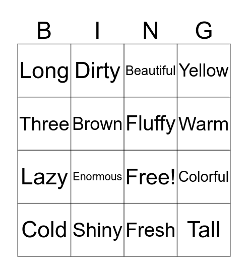 Adjectives Bingo Card