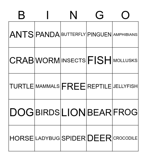 Animals (Invertebrates and Vertebrates) Bingo Card