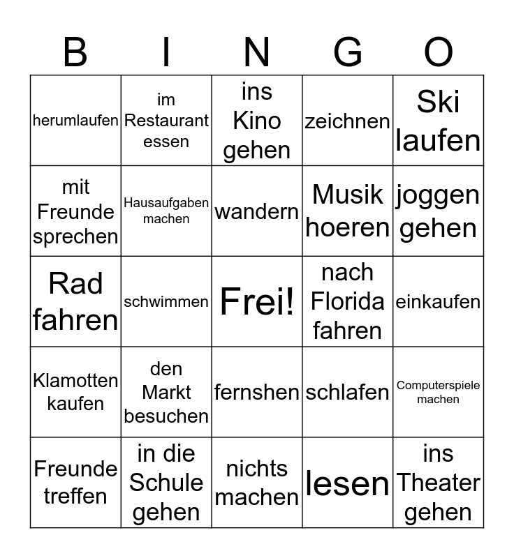 Freizeit Aktivitaeten Bingo Card