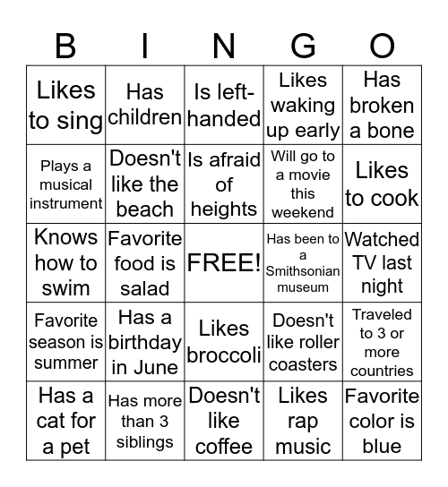 Introduction Bingo Card