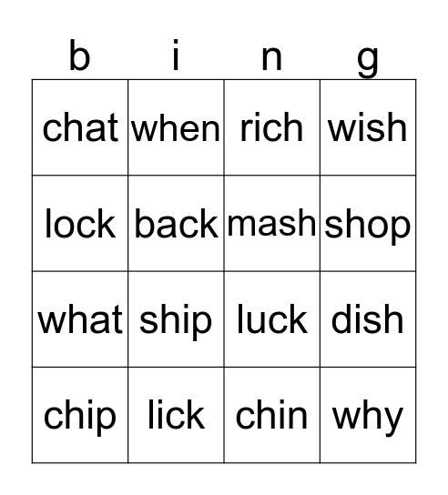 Digraph Bingo Card
