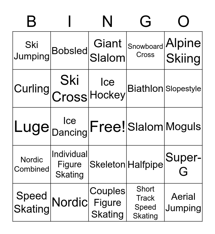 Winter Olympic Bingo Card