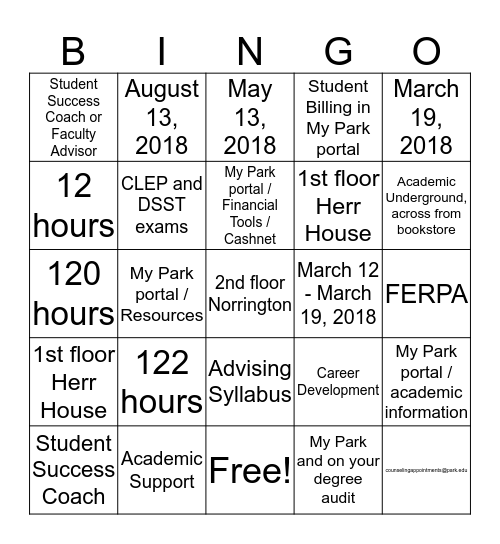 Student Success Bingo Card
