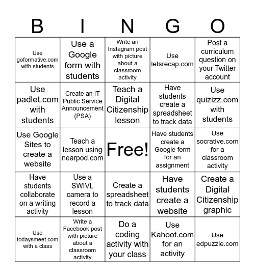 Digital Learning Bingo Card