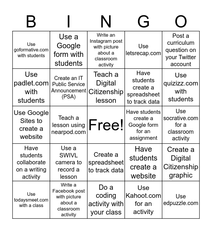 Digital Learning Bingo Card