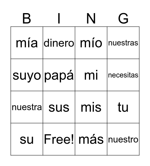 Spanish Possessives Duolingo Bingo Card