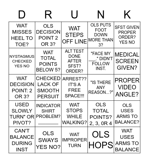 DUI BINGO Card