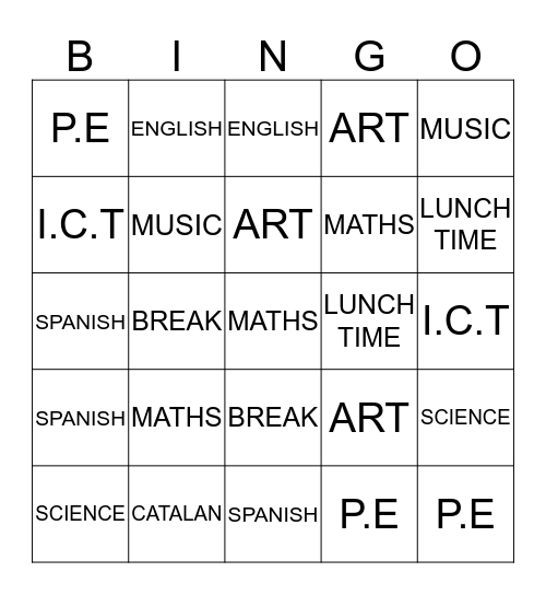 SCHOOL SUBJECTS Bingo Card