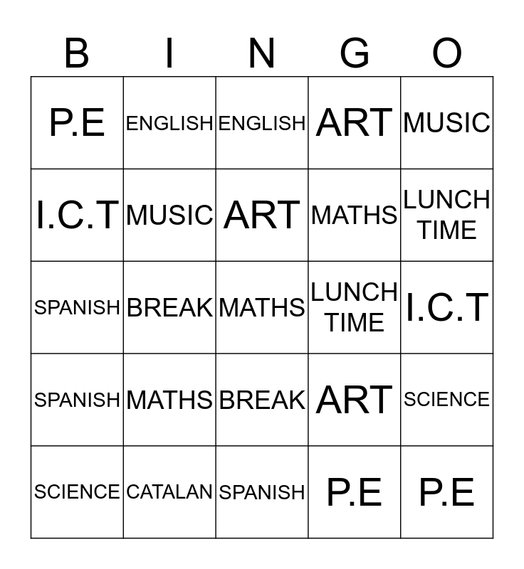 SCHOOL SUBJECTS Bingo Card