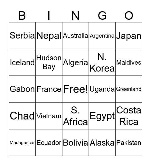 Longitude and Latitude Bingo Card