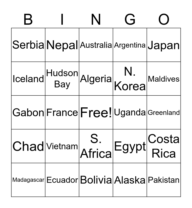 Longitude and Latitude Bingo Card