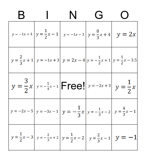 Slope Intercept Form Equations Bingo Card