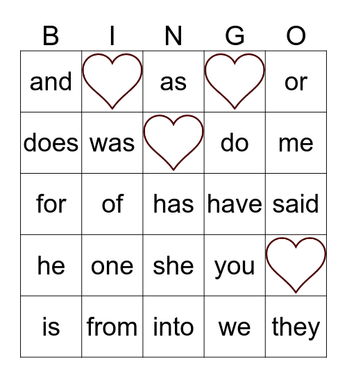 Valentine's Day Trick Word Bingo Card