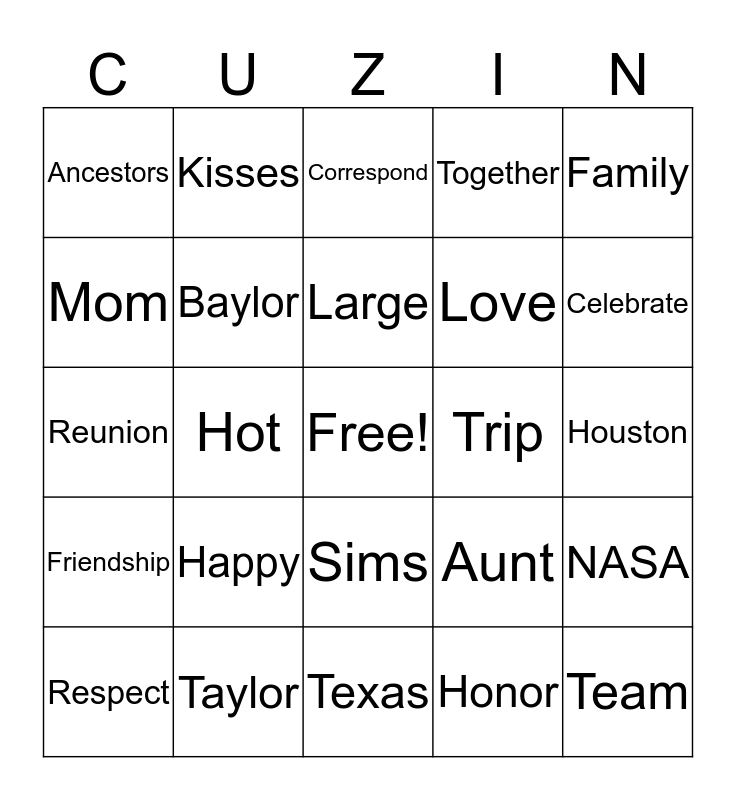 COUSINS FAMILY REUNION-2018 Bingo Card