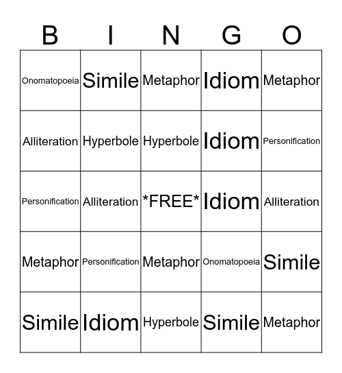 Figurative Language Bingo Card