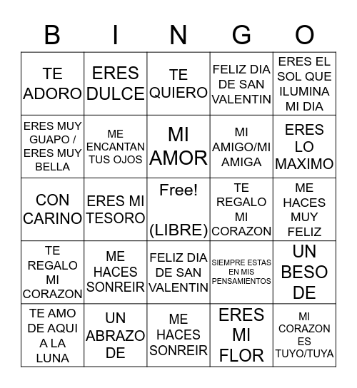 BINGO DE SAN VALENTIN Bingo Card