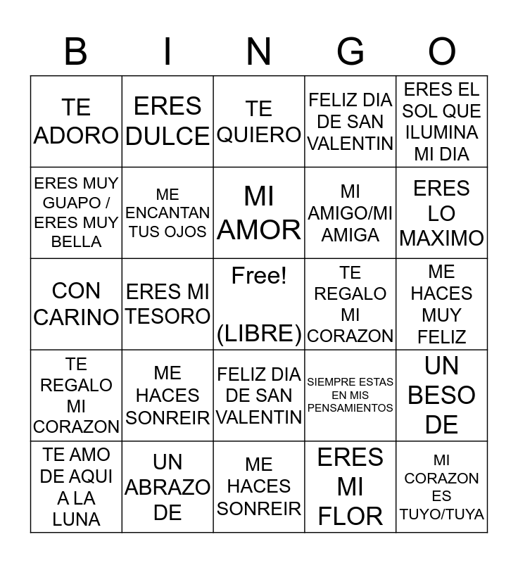 BINGO DE SAN VALENTIN Bingo Card