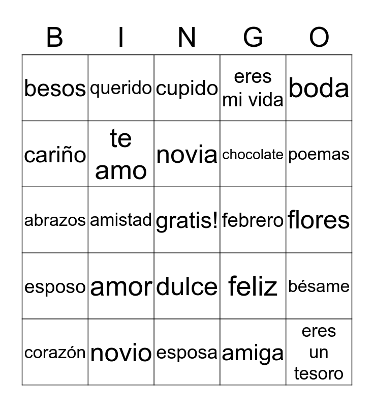 Día de San Valentín Bingo Card