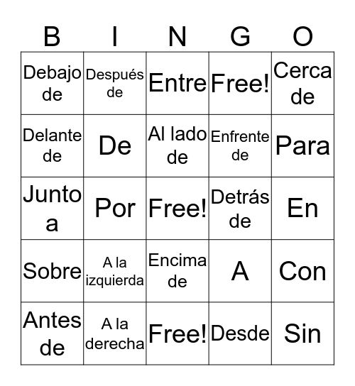 Bingo de las preposiciones Bingo Card